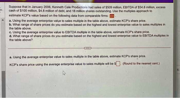 SOLVED: Texts: cash of 100 million,4.8 million of debt, and 18 million shares outstanding. Use ...
