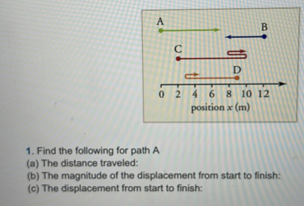 1. Find the following for path A (a) The distance traveled: (b) The magnitude of the ...