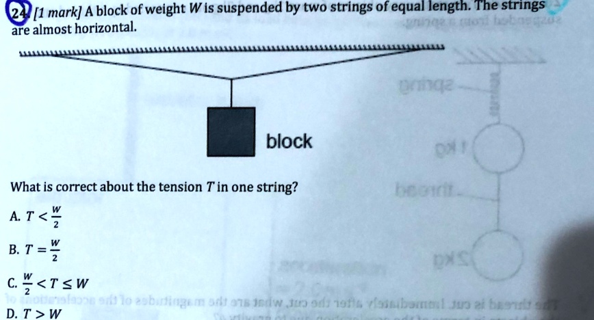 1 mark a block of weight w is suspended by two strings of equal length the strings are almost ...