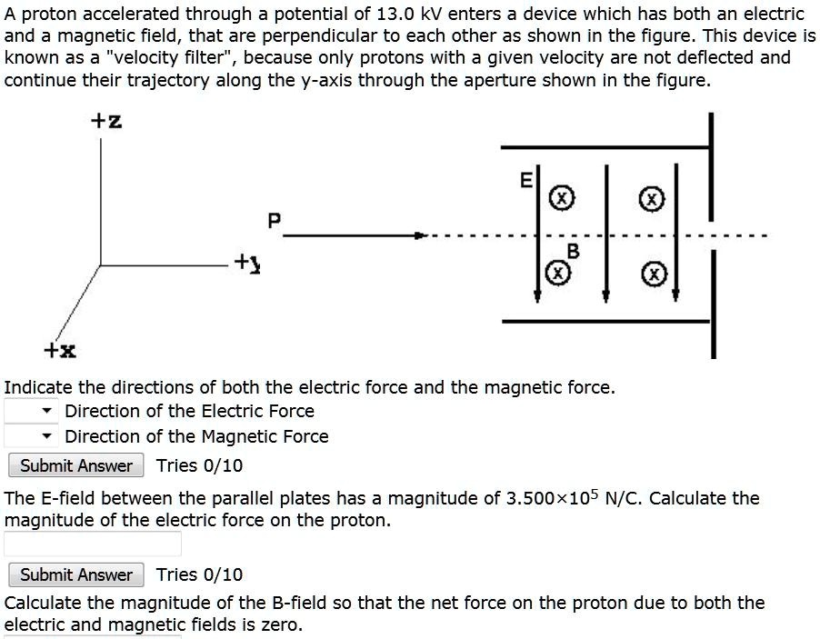 proton accelerated through a potential of 130 kv enters a device which has both an electric and ...