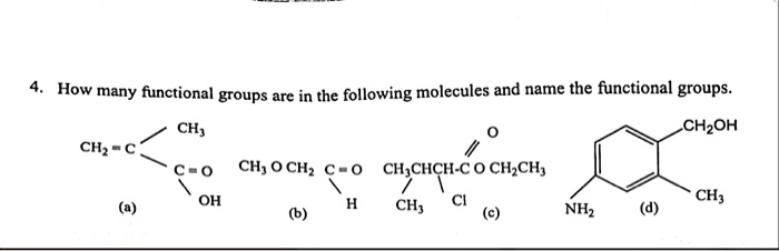 SOLVED: How many functional groups are in the following molecules and ...