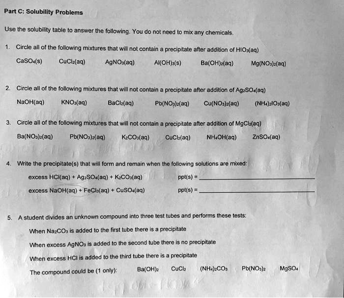part c solubllity problems use the solubility table to answer the ...