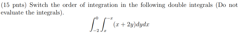 SOLVED: (15 pnts) Switch the order of integration in the following double integrals (Do not ...
