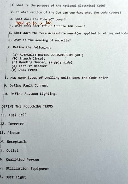 1. What is the purpose of the National Electrical Code? 2. In what ...