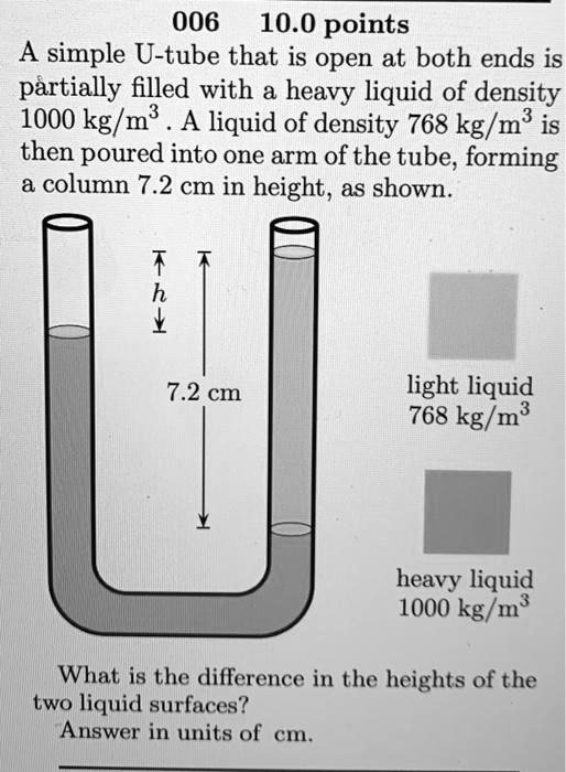 SOLVED: 006 10.0 points A simple U-tube that is open at both ends is partially filled with heavy ...