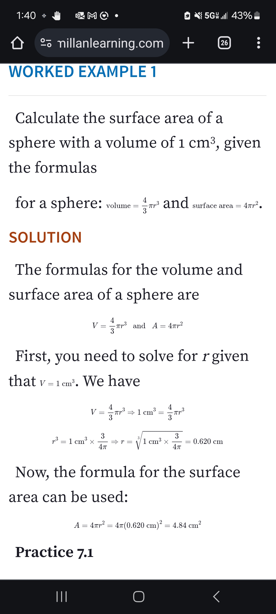 SOLVED: WORKED EXAMPLE 1 Calculate the surface area of a sphere with a ...