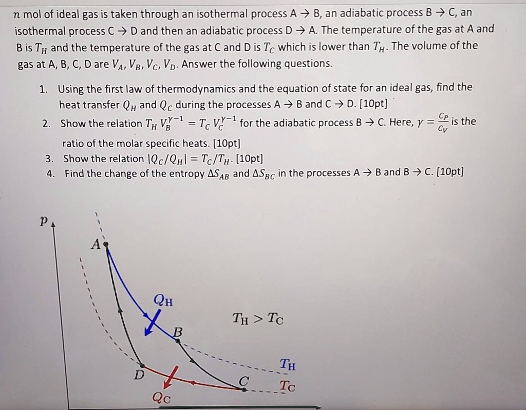 SOLVED: n moles of an ideal gas is taken through an isothermal process A > B, an adiabatic ...