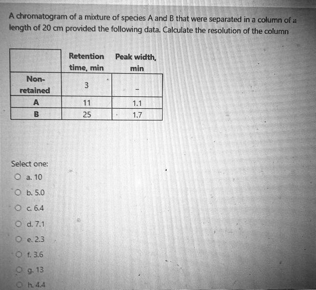 SOLVED: A chromatogram of a mixture of species A and B that were separated in a column of a ...