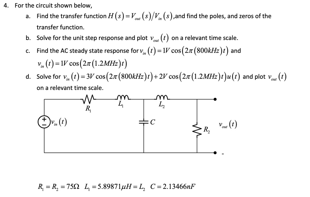 SOLVED: For the circuit shown below: a. Find the transfer function H(s) = Vout(s)/Vi(s), and ...