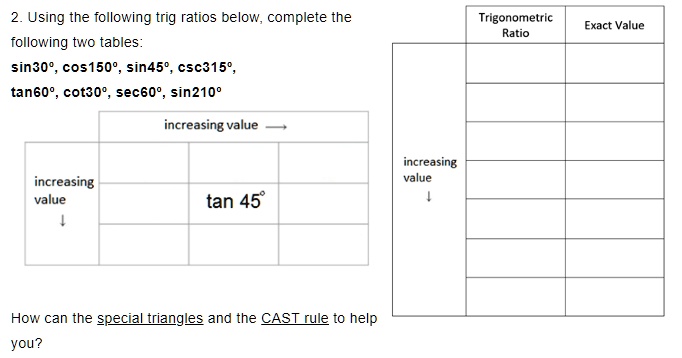 SOLVED: Using the following trig ratios below, complete the ...