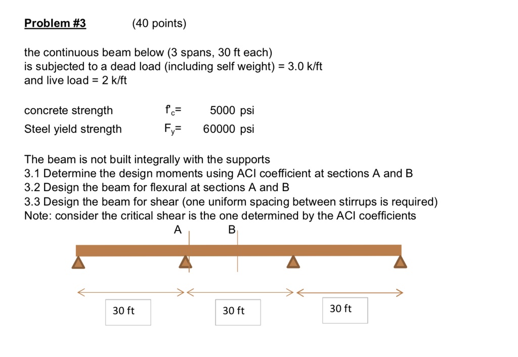 SOLVED: Problem #3 (40 points) the continuous beam below (3 spans, 30 ft each) is subjected to a ...