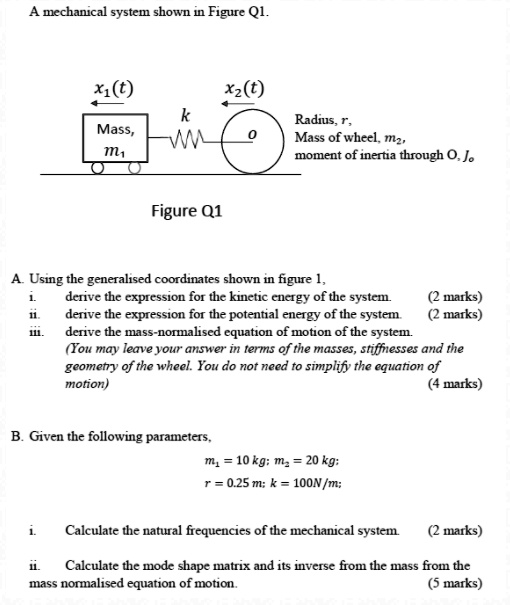 A mechanical system shown in Figure Q1. x1(t) x2(t) k Mass, m1 0 Figure Q1 Radius, r, Mass of ...