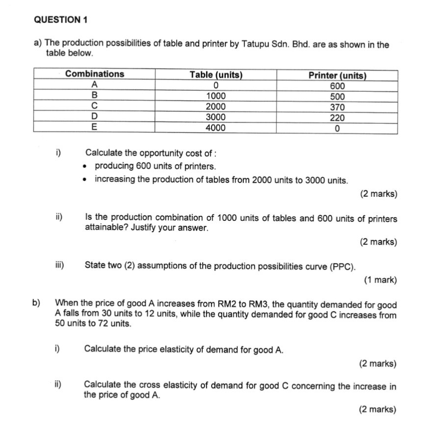 QUESTION 1 a) The production possibilities of table and printer by ...