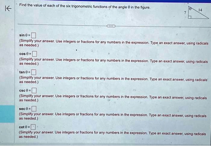 SOLVED: q6 Find the value of each of the six trigonometric functions of the angle θ in the ...