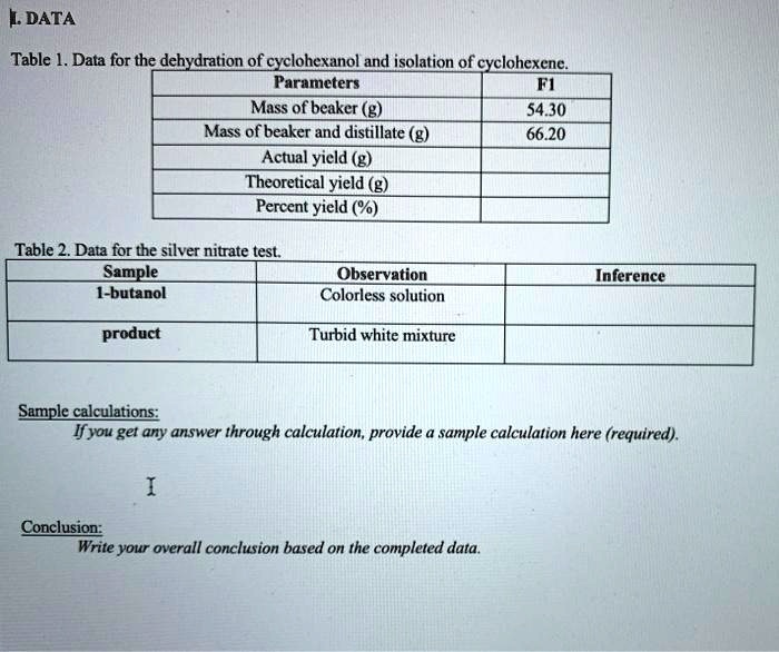 SOLVED: LDATA Table Data for the dehydration of cyclohexanol and isolation of cyclohexene ...