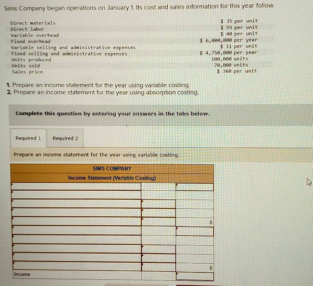 SOLVED: Sims Company began operations on January 1. Its cost and sales ...