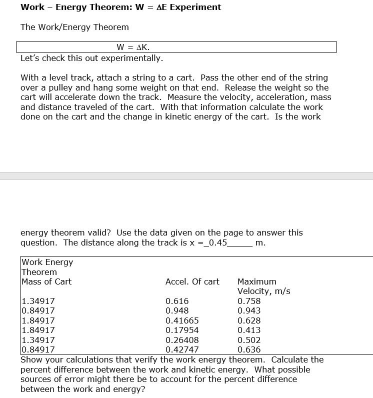 work energy theorem w ae experiment the workenergy theorem w ak lets ...