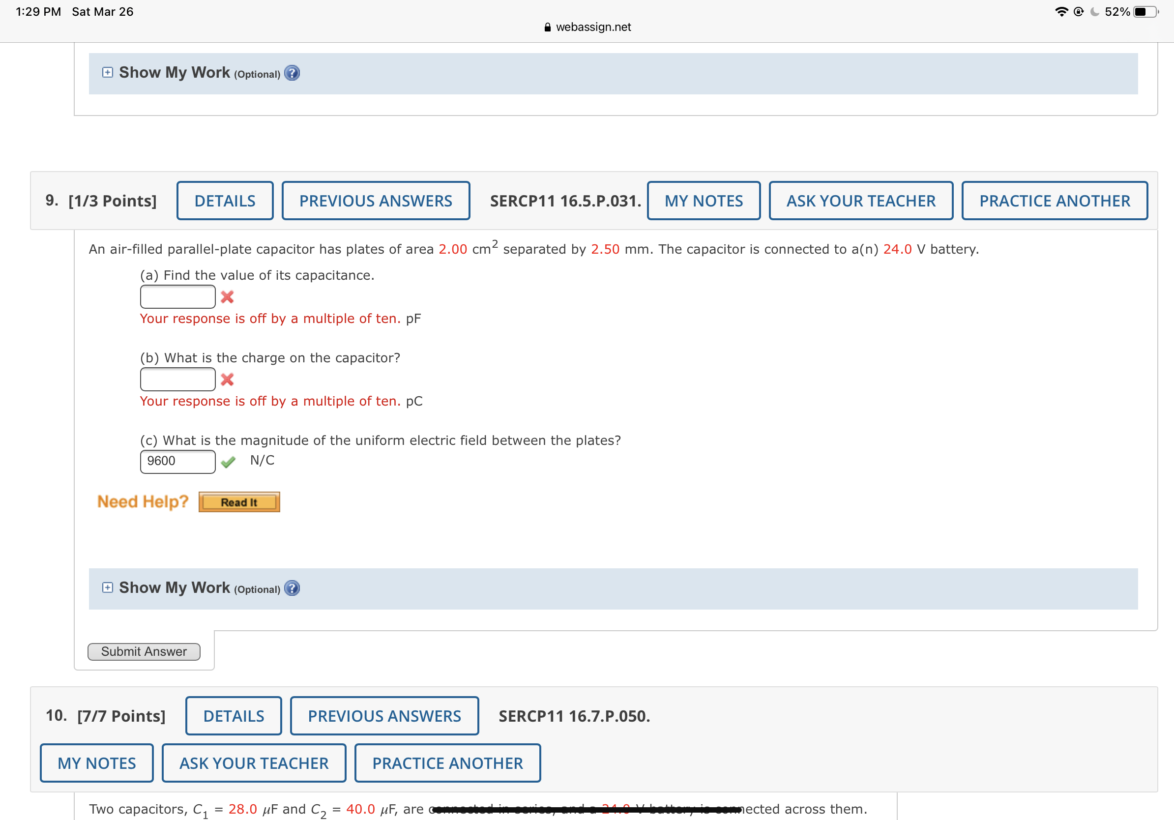 SOLVED: 1:29 PM Sat Mar 26 Q webassign.net Show My Work (Optional) ? 9 ...