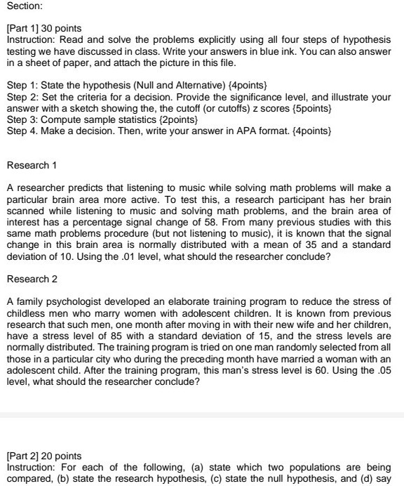 Section: [Part 1] 30 points Instruction: Read and solve the problems explicitly using all four ...