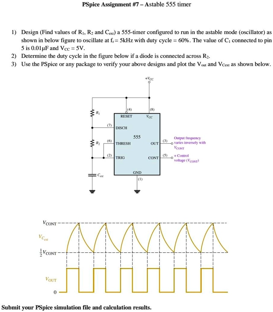 SOLVED: Design (Find values of Râ‚ , Râ‚‚, and C) a 555-timer configured to run in the astable ...