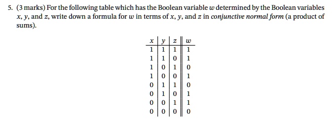 SOLVED: (3 marks) For the following table which has the Boolean variable w determined by the ...