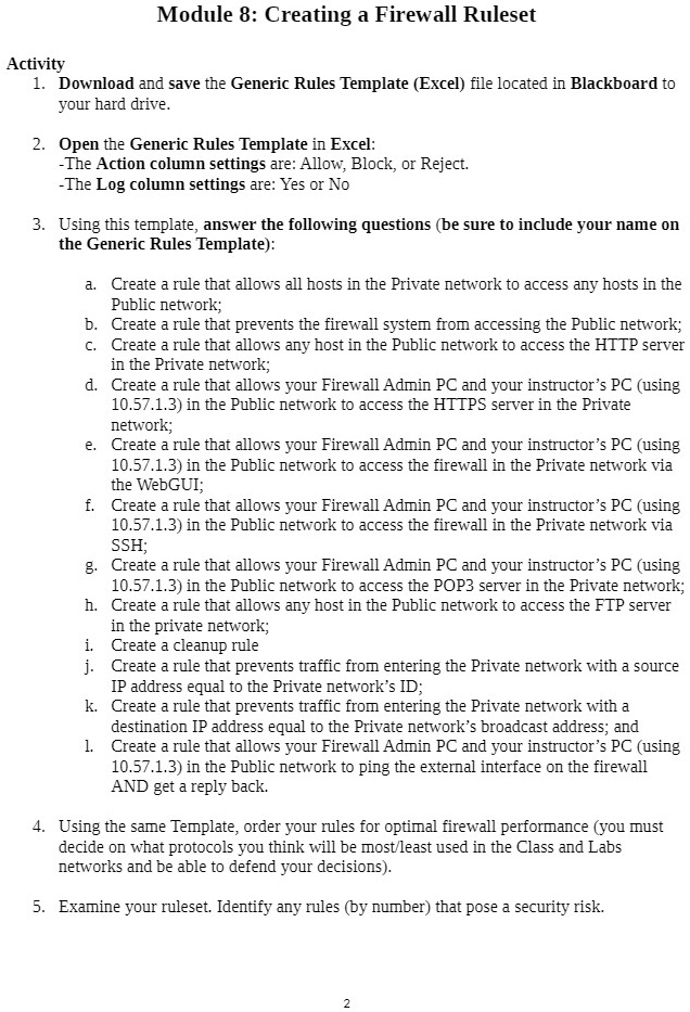 [GET ANSWER] module 8 creating a firewall ruleset activity download and save the generic rules ...