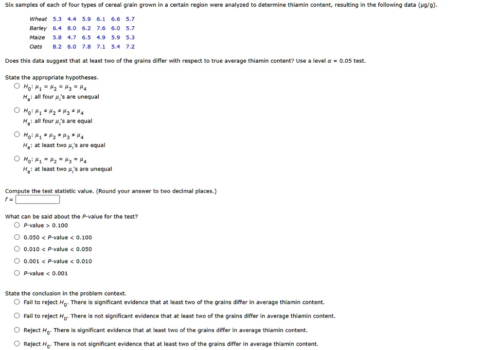 Six samples of each of four types 0f cereal grain gro… - SolvedLib