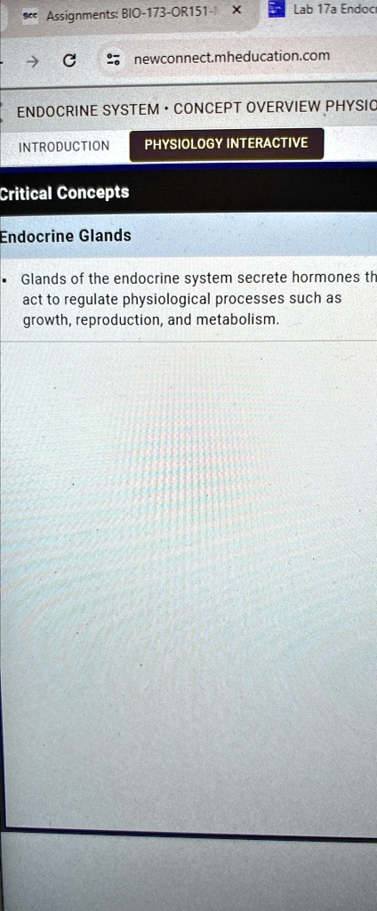 Assignments: BIO-173-OR151-1 Lab 17a Endocr ? newconnect.mheducation ...