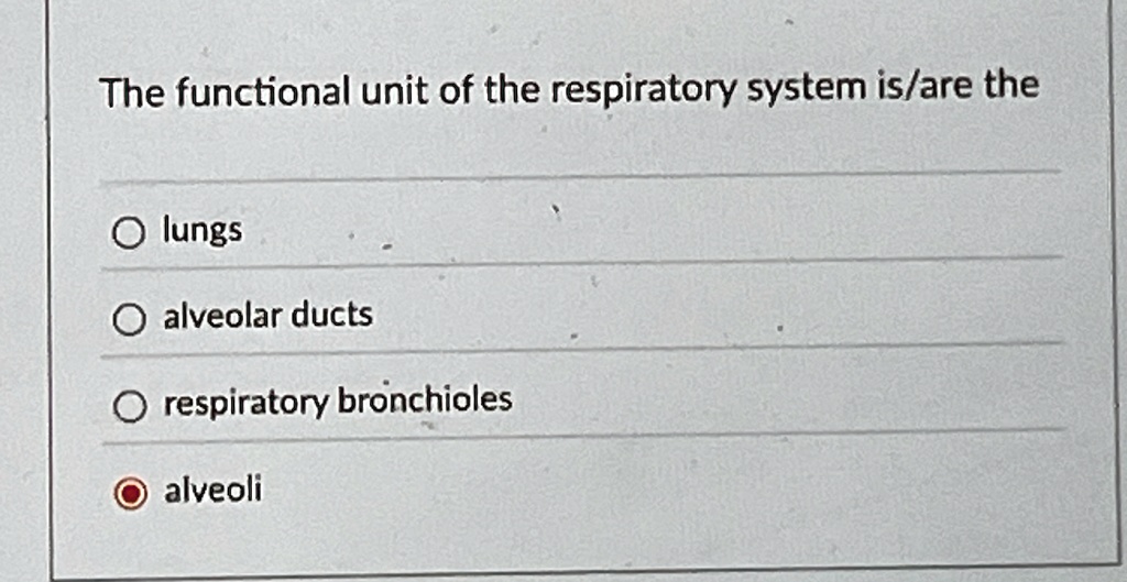 The functional unit of the respiratory system is/are the O lungs O ...