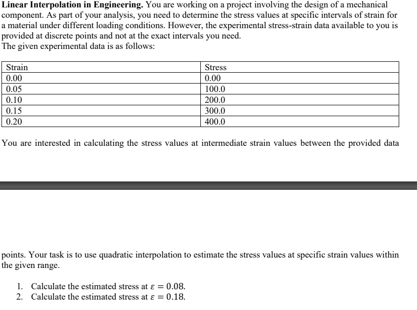 SOLVED: Linear Interpolation in Engineering. You are working on a project involving the design ...