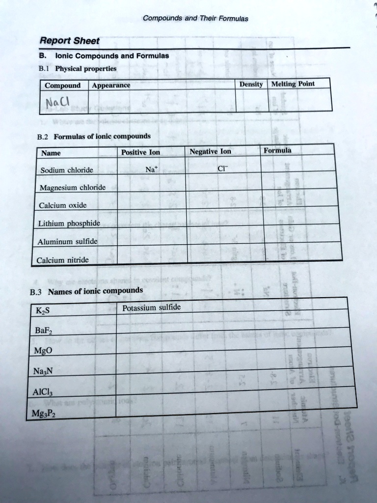 Compounds and Their Formulas Report Sheet B. Ionic Compounds and ...