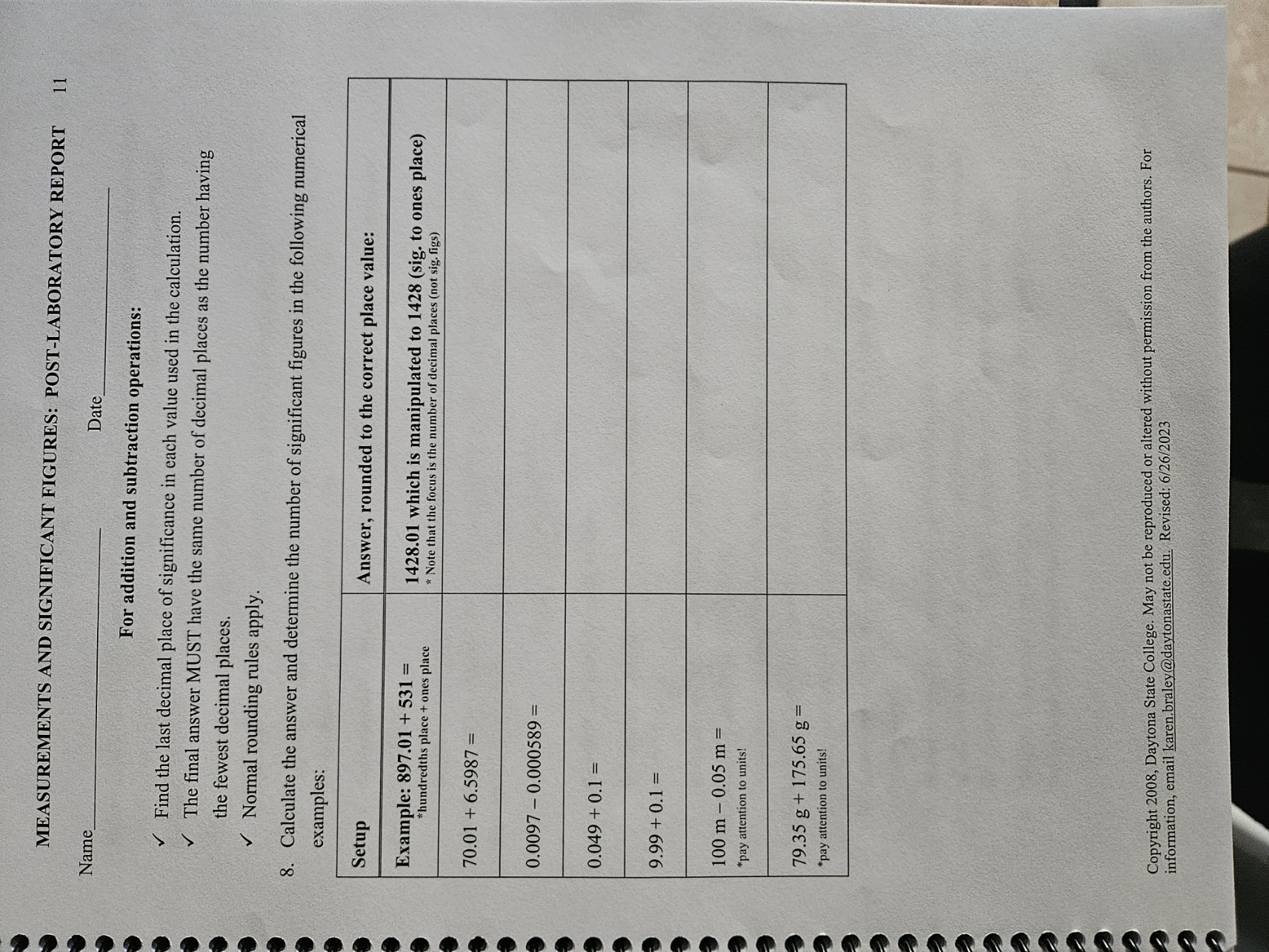 SOLVED: MEASUREMENTS AND SIGNIFICANT FIGURES: POST-LABORATORY REPORT 11 ...