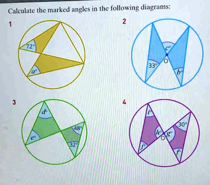 Calculate the marked angles in the following diagrams: 1 72° a° 3 d° 48° e° 32° 2 4 O 33° b° i° 30°