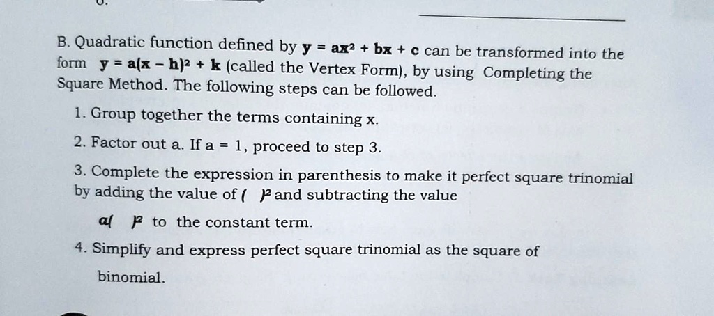 Solved Learning Task 3 Transform The Quadratic Function Defined By Y