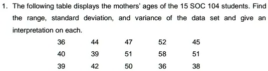 SOLVED: The following table displays the mothers' ages of the 15 SOC 104 students Find the range ...