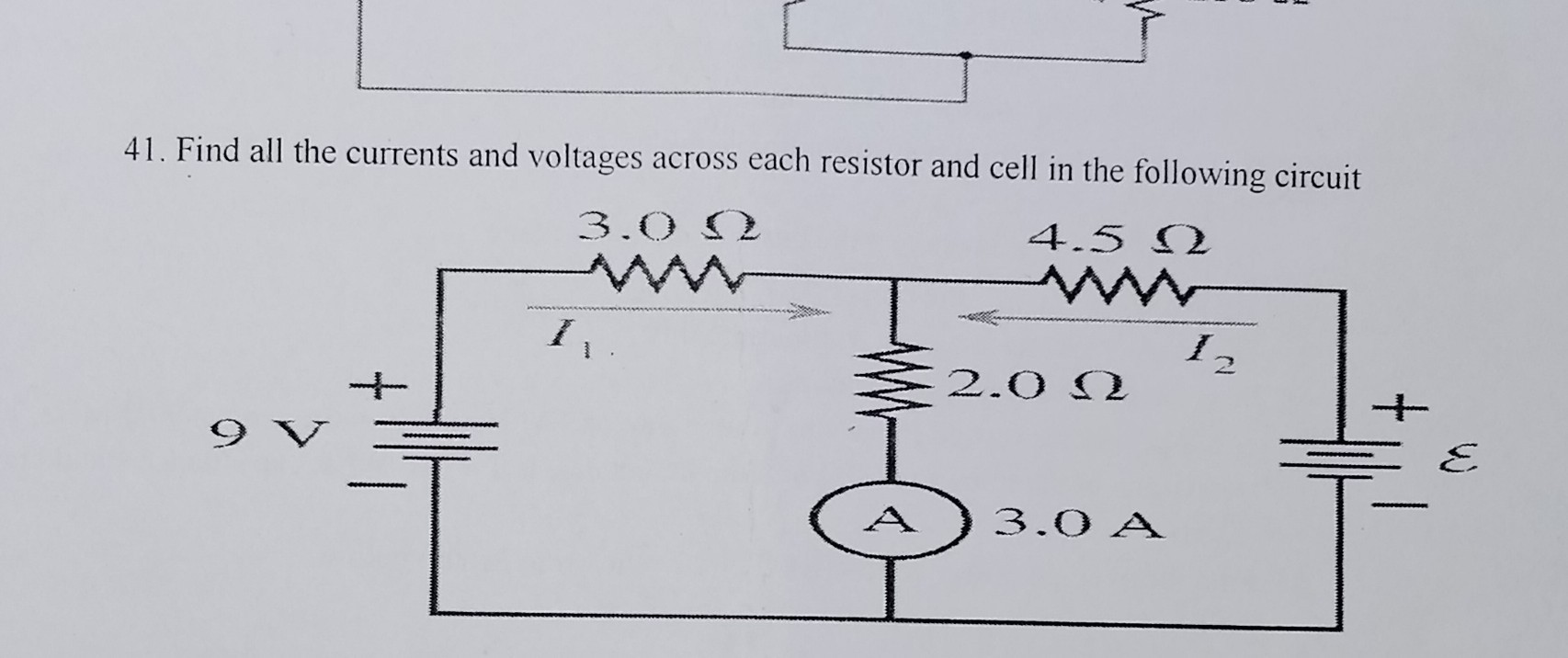 41. Find all the currents and voltages across each resistor and cell in the following circuit