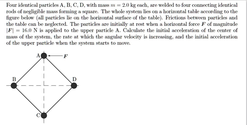 Four identical particles A, B, C, D, with mass m = 2.0 kg each, are ...