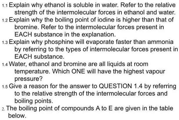 SOLVED: 1.1 Explain why ethanol is soluble in water: Refer to the ...