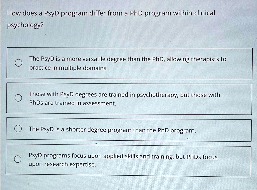 SOLVED: How does a PsyD program differ from a PhD program within ...
