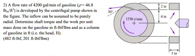 2) A flow rate of 4200 gal/min of gasoline (ρ = 46.8 lbm/ft^3) is ...