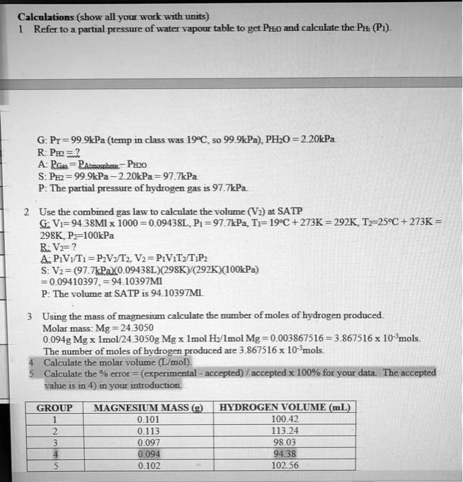 SOLVED: Calculations (show all your work with units) Refer to partial ...