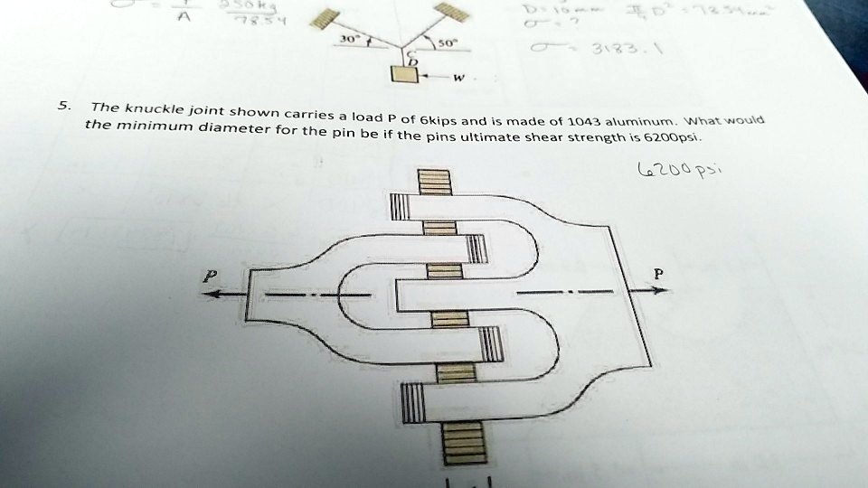 5. The knuckle joint shown carries a load P of 6kips and is made of ...