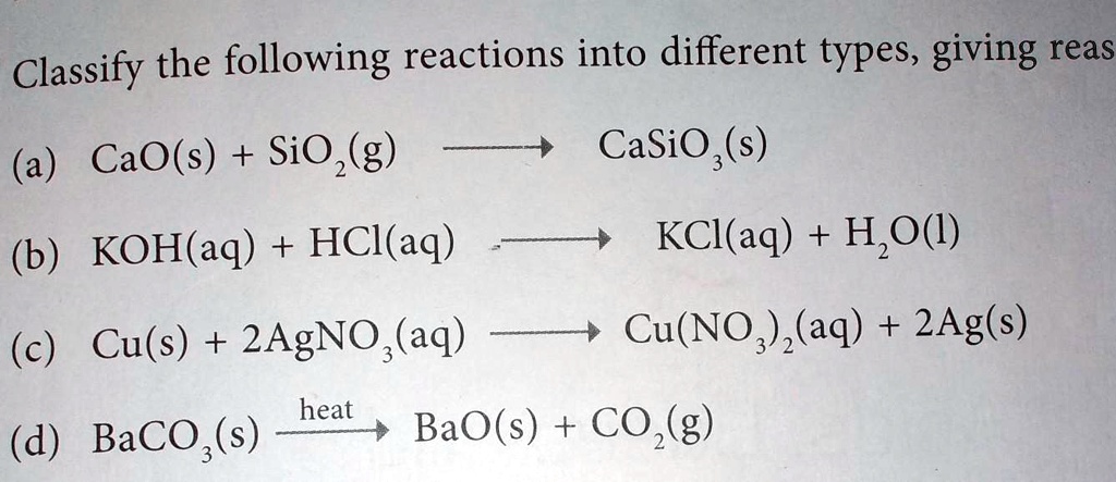 SOLVED: 'Classify the following reactions into different types giving ... SOLVED: 'Classify the following reactions into different types giving ...