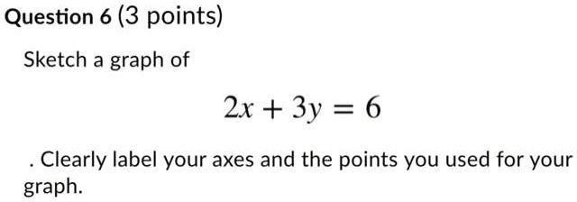 SOLVED: Question 6 (3 points) Sketch a graph of 2x + 3y = 6 Clearly label your axes and the ...