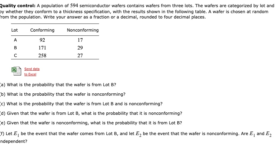 SOLVED: Title: Probability Analysis of Semiconductor Wafers from Different Lots Quality control ...