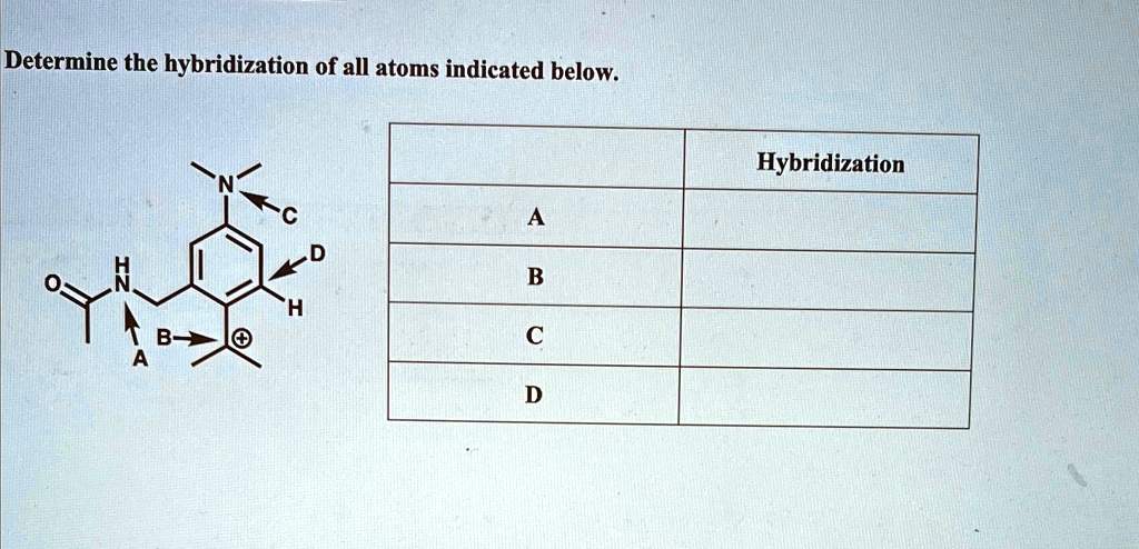SOLVED: Determine the hybridization of all atoms indicated below. able ... SOLVED: Determine the hybridization of all atoms indicated below. able ...