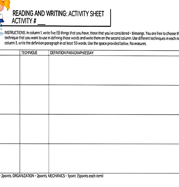 SOLVED: READING AND WRITING: ACTIVIY SHEET ACTIVITY # INSTRUCTIONS: In ...