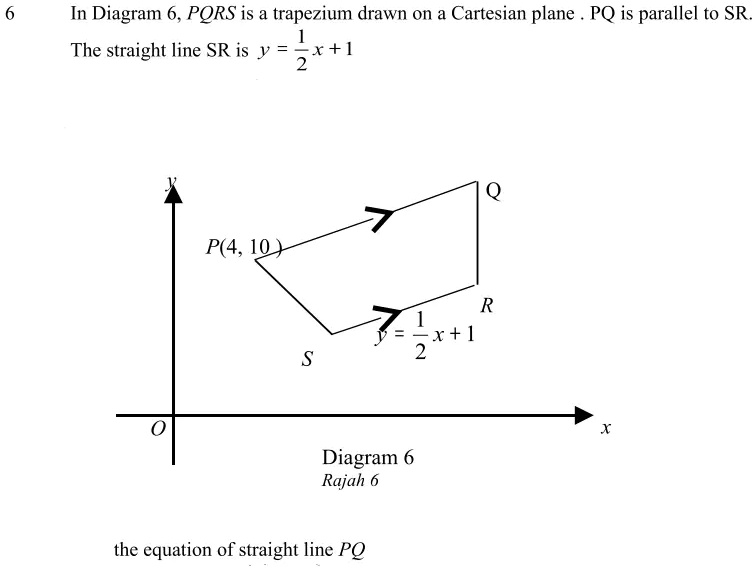 SOLVED: In Diagram 6, PQRS is a trapezium drawn on a Cartesian plane PQ ...