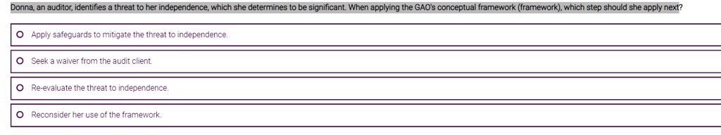 Donna, an auditor, identifies a threat to her independence, which she determines to be ...