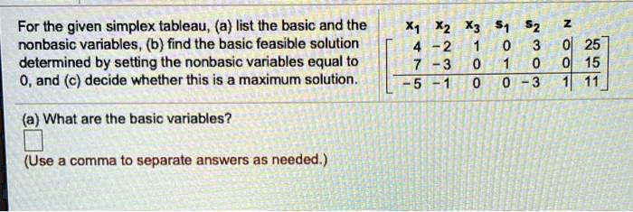 SOLVED: For the given simplex tableau; (a) list the basic and the ...